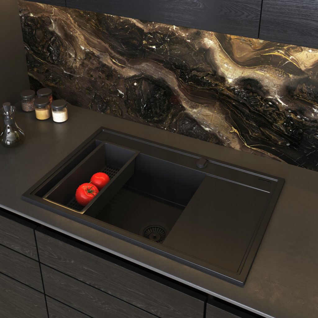 Zlew granitowy PYRAMIS CAMEA 79x50 Volcano czarny mat lewy + gratis ...