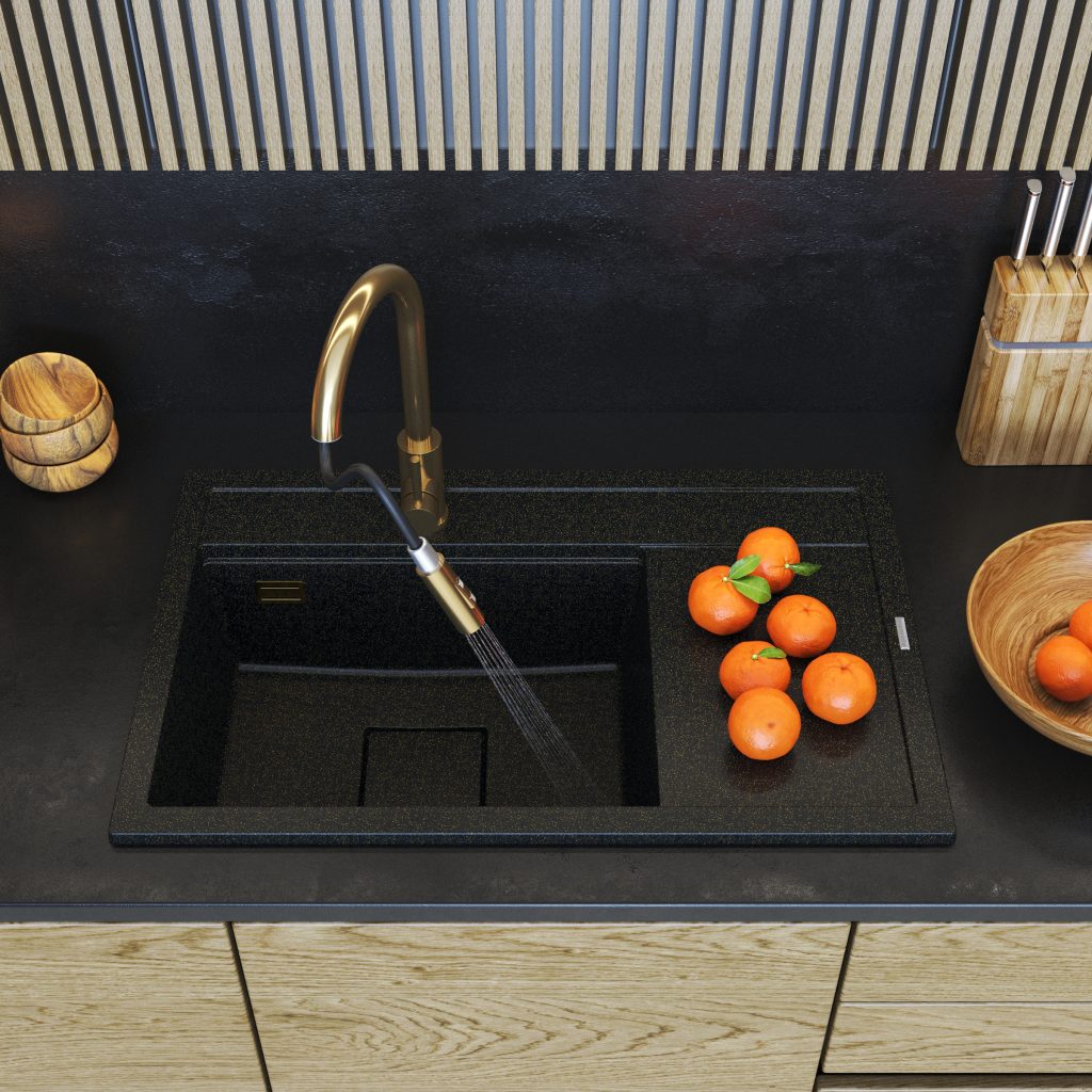 Zlew rendo czarny z drobinkami złota komora lewa granitowy nowoczesny ...